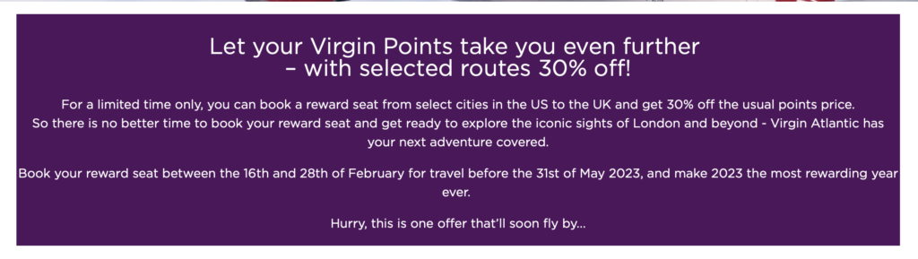 Virgin Atlantic Offers 30% off Award Ticket in all Cabins